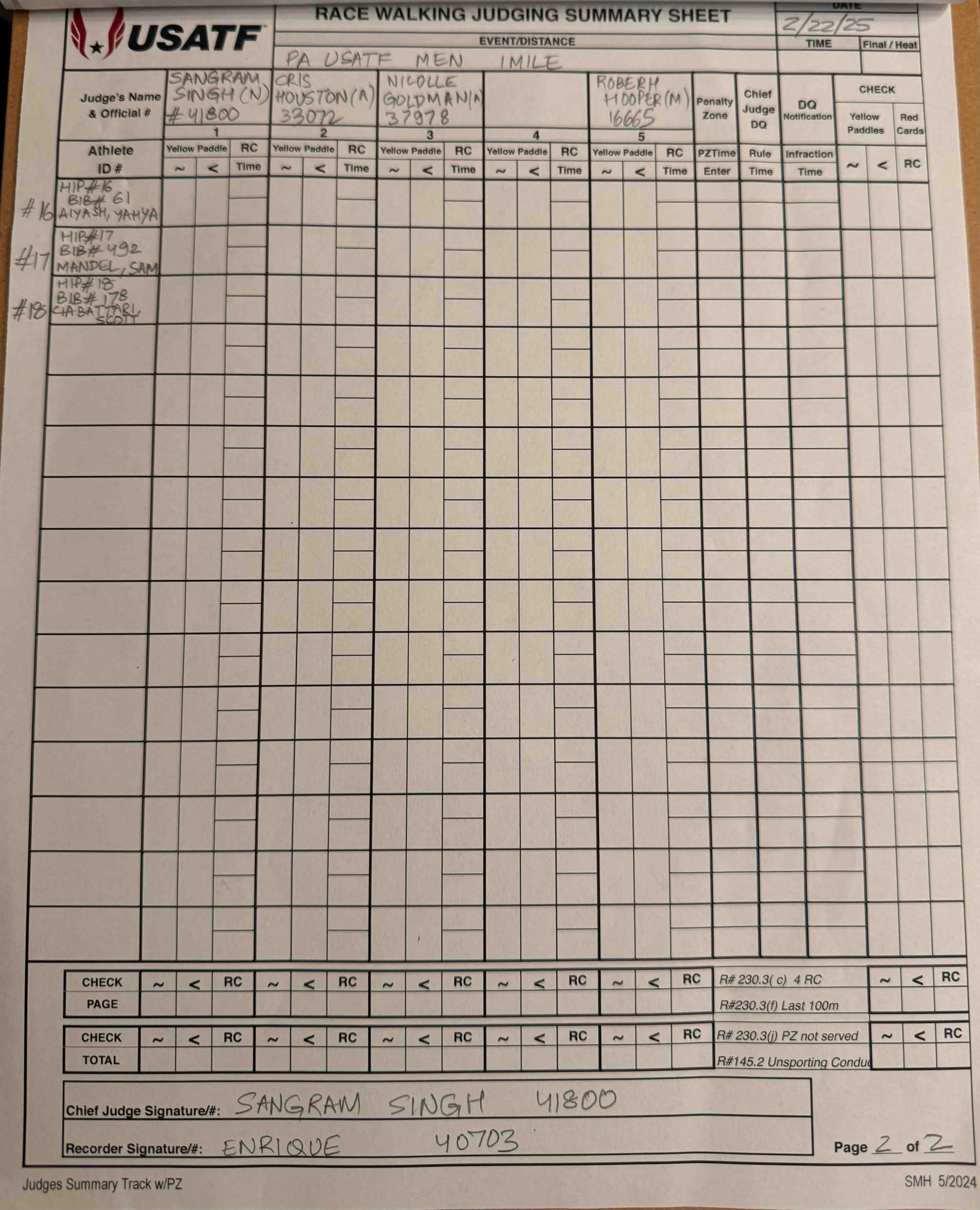 USATF Pacific2025 USATF PA One Mile Judging Summary Sheet Men p2 of 2